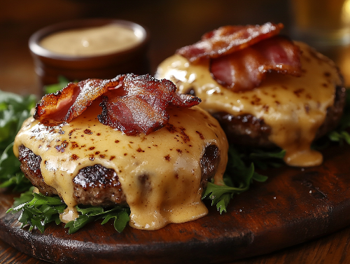 Bacon & Short Rib Patties, Beer Cheese Sauce, Veggies, Savory Potatoes