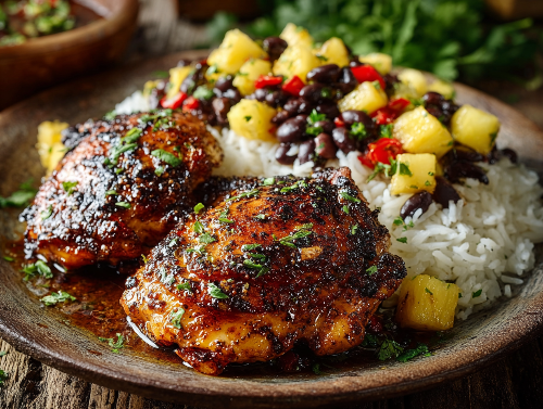 Caribbean Chicken, Saffron Rice, Black Bean Pineapple Medley