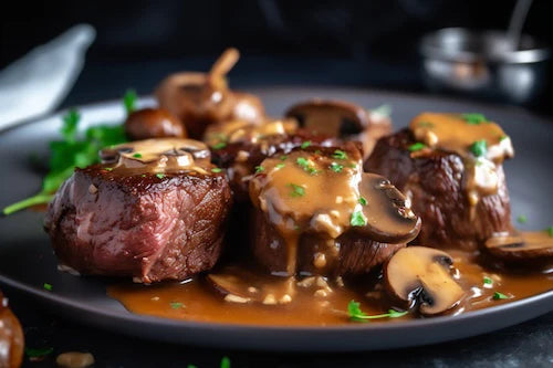 Chateau Filet Mignon Beef Tips, Basil Parm Loaded Potato, Veggie Medle