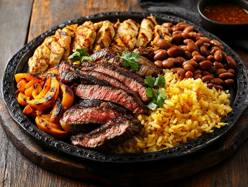 Grilled Steak & Chicken Fajitas Platter, Spanish Rice, Fiesta Beans