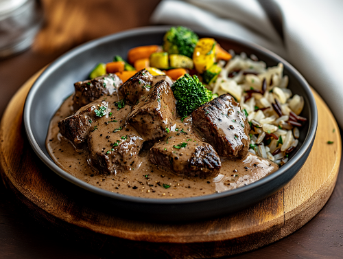 Marsala Beef Tips, Bacon Rice Casserole, Veggies