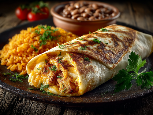 Monterey Garlic Chicken Burrito, Charro Beans, Spanish Rice