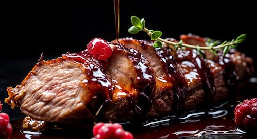 Raspberry Balsamic Pork Tenderloin, Maple Bacon Brussels, Mashed Potat