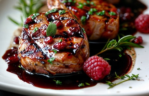 Glazed Raspberry Pork Ribeye Steak, Mashed Potatoes, Maple Bacon Bruss