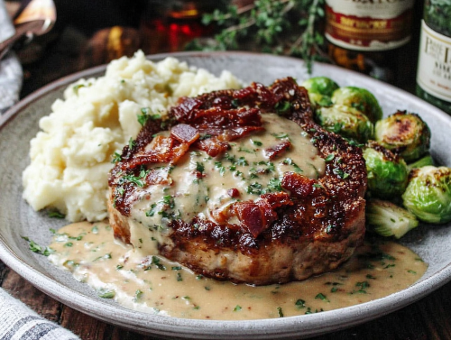 Southern Fried Pork Ribeye, Mashed Potatoes, Maple Brussels, Butter Be