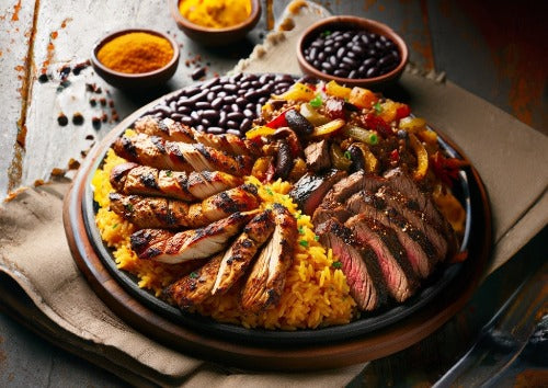 Grilled Steak & Chicken Fajitas Platter, Spanish Rice, Fiesta Beans